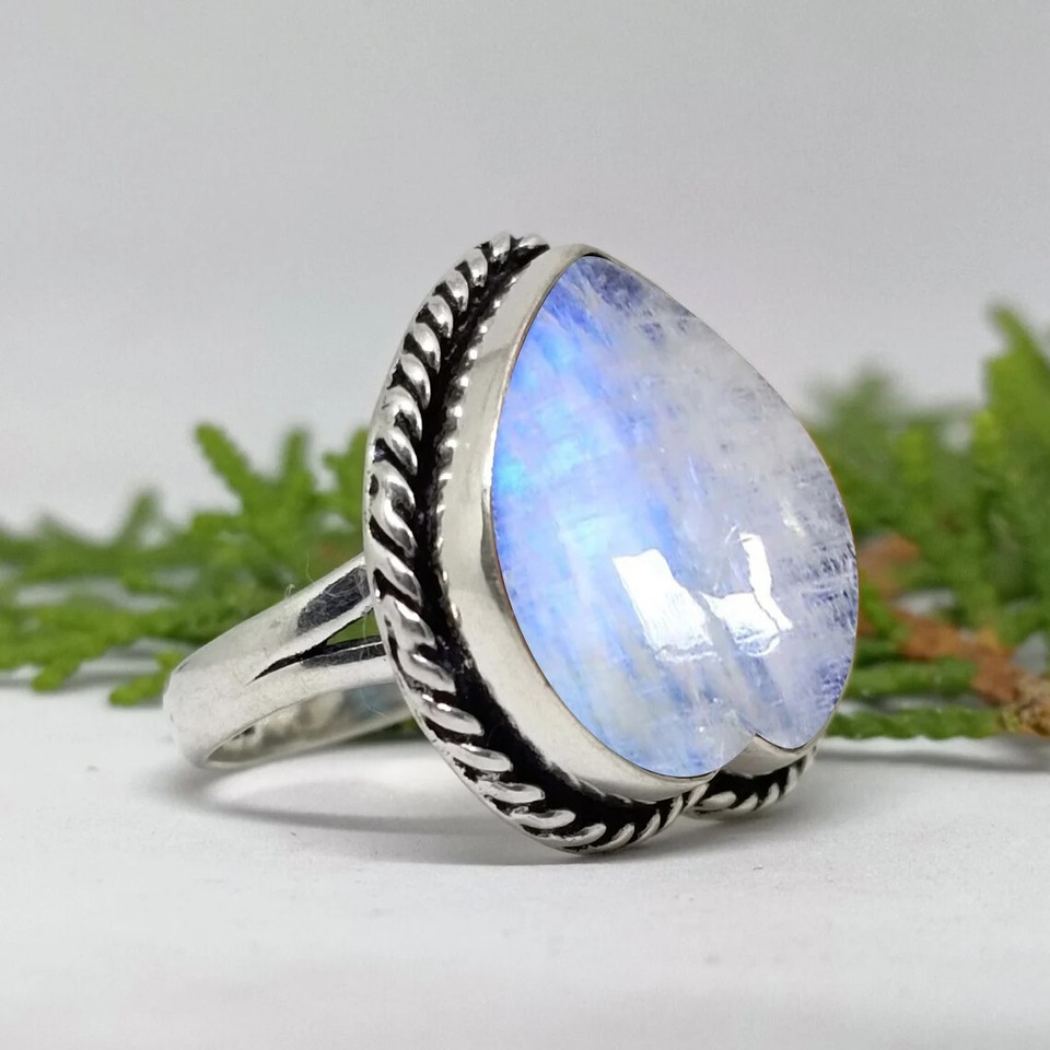 Solid 925Sterling silver Natural Heart Shape Moonstone Ring Jewelry For ...
