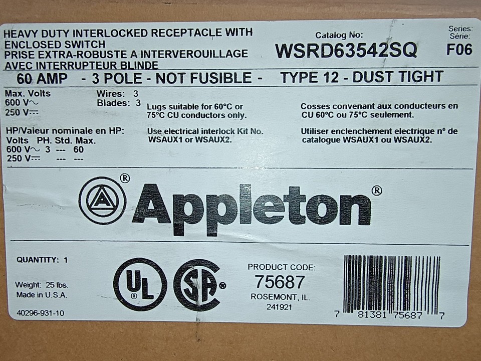 Appleton WSRD63542SQ 60A, 3 Pole, Not Fusible, Type 12, with WRDK6034 ...