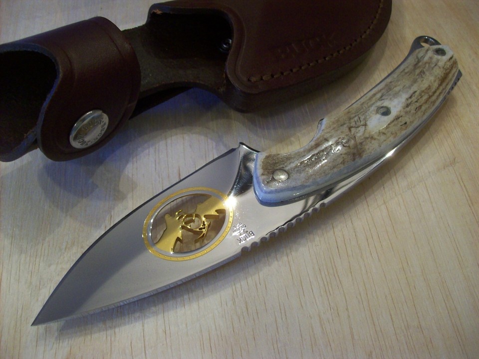 CUSTOM BUCK KNIFE 694 STAG GOLD PLATED BATTLING BUCKS CUTOUT BLADE NOS ...