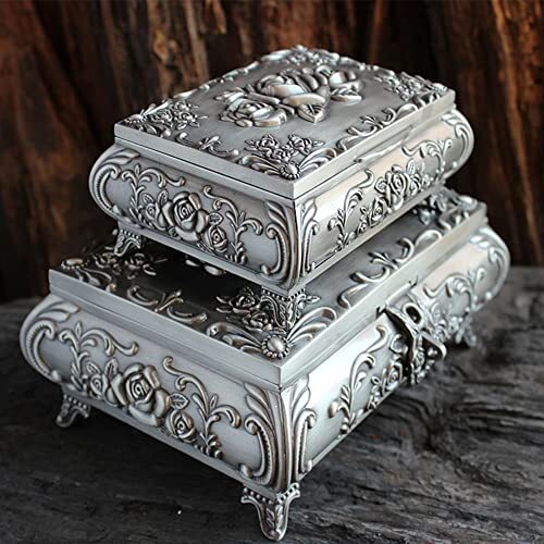 Rectangle Vintage Metal Jewelry Box Trinket Storage Medium antique ...