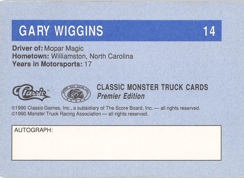1990 Classic Monster Trucks Racing Trading Cards #14 Gary Wiggins | eBay