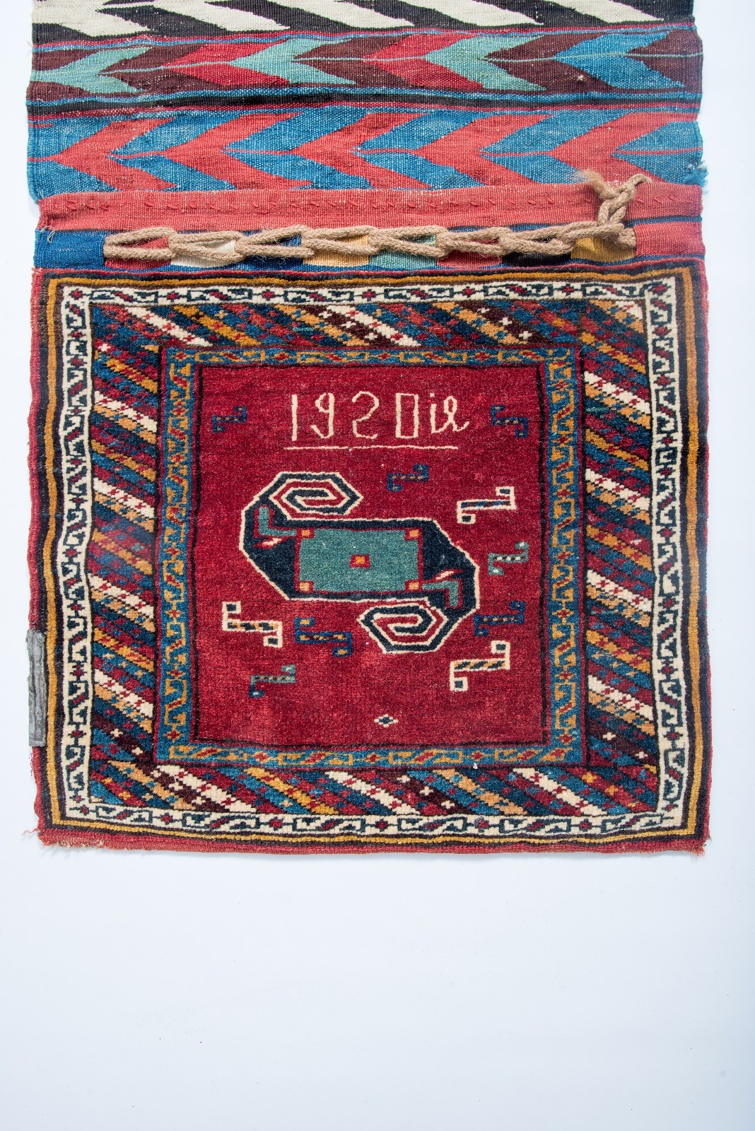 A FANTASTIC ANTIQUE ARMENIAN PINWHEEL KAZAK INSCRIBED DATED SADDLE BAG ...
