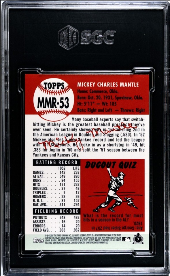 2007 Topps Target 1953 Memorabilia GAME JERSEY MMR-53 Mickey Mantle SGC ...