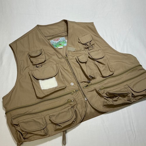 River Run Fishing Vest Utility Multi Pocket Outdoor Full Zip Beige Size ...