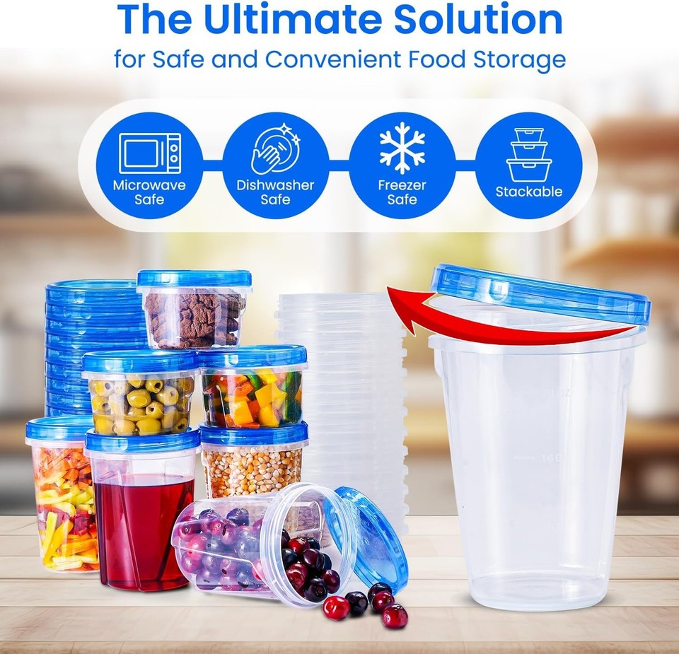 Freezer Storage Containers W/ Lids-12 Plastic 32 oz Deli Containers W ...