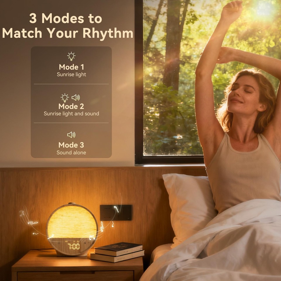 Wood Grain Sunrise Alarm Clock, Gentle Wake-Up Light Sound Machine ...