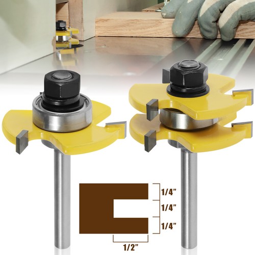 2PCS 1/4" Shank Tongue & Groove Router Bit Set 3 Teeth T-shape Wood ...