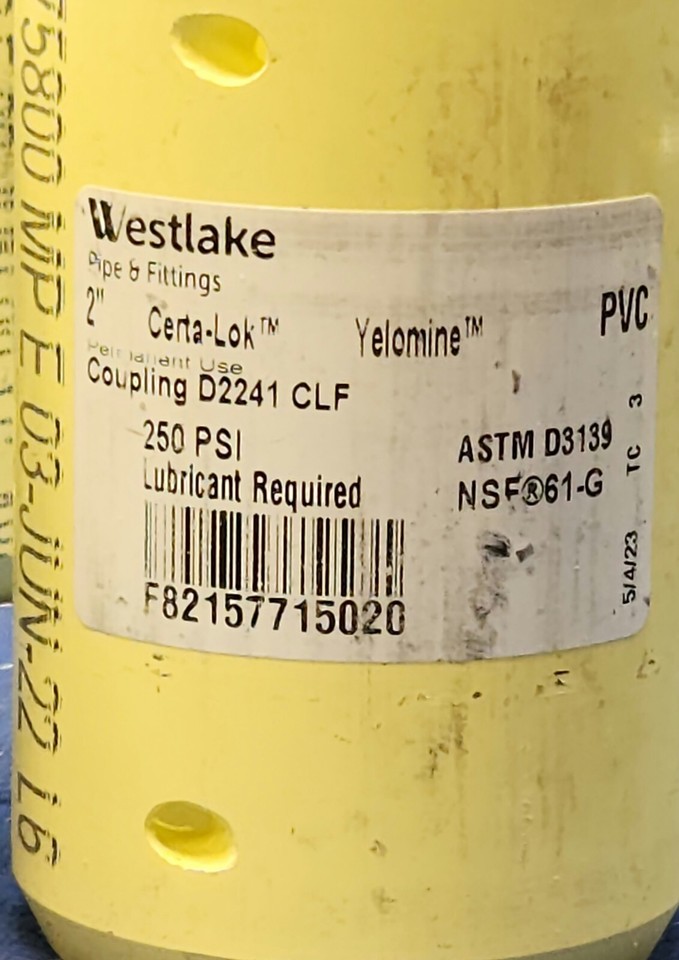 WESTLAKE YELOMINE CERTA-LOK 2” MUNICIPAL WATER PIPE JOINT PVC FIT ...