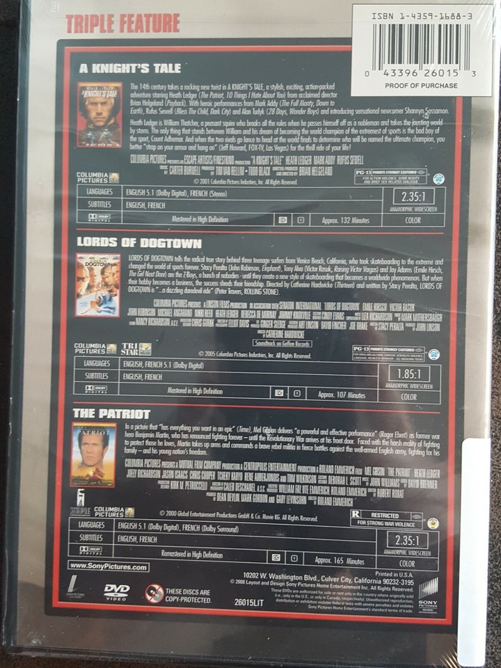 A Knights Tale - Lords of Dogtown - The Patriot - Triple Feature (DVD ...