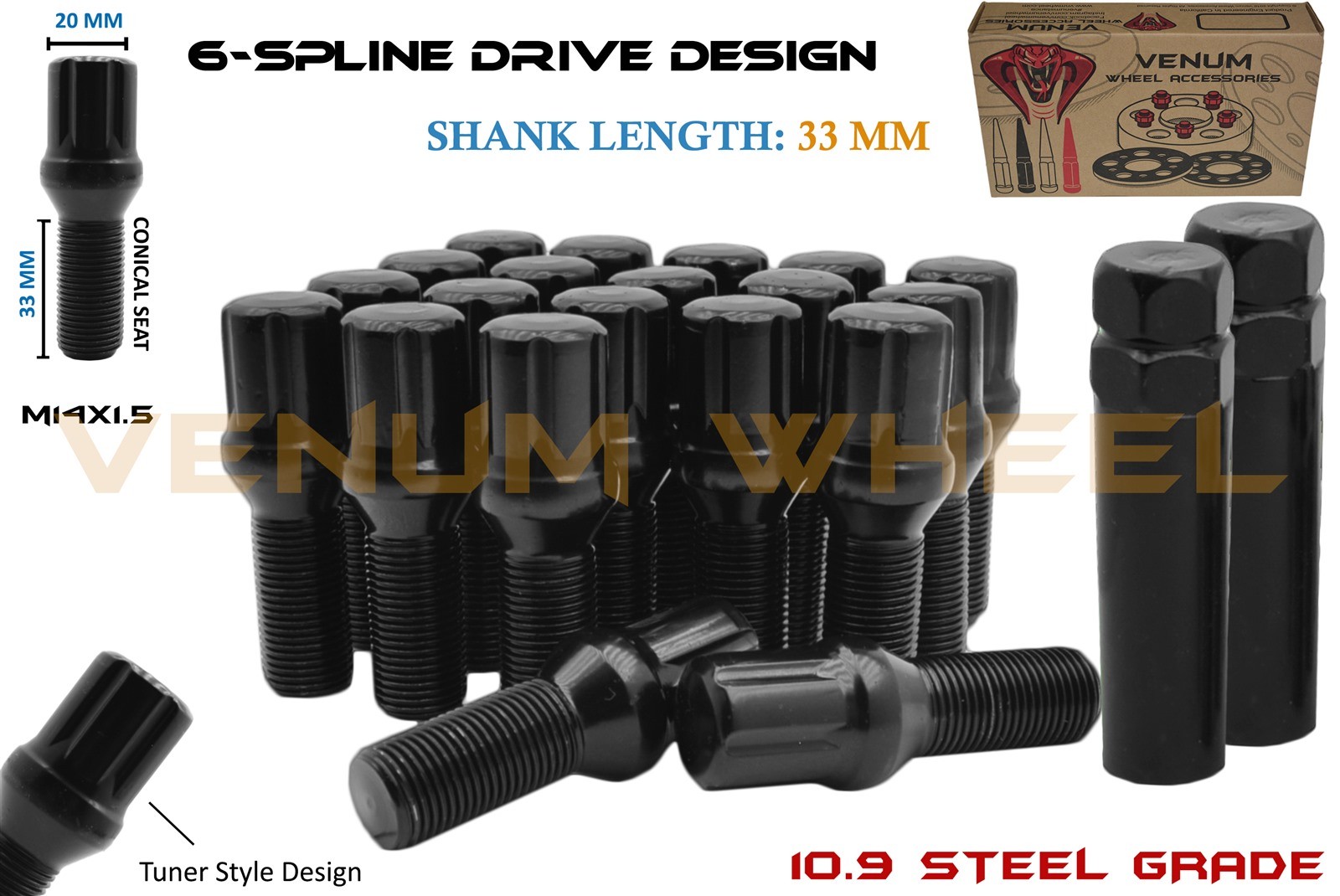 20 Pc Black Spline Tuner Lug Bolts 33mm Shank + 2 Keys Fits Audi BMW ...