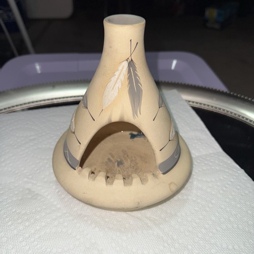 Native American Indian Pottery Teepee Candle Incense Burner Signed Grey ...