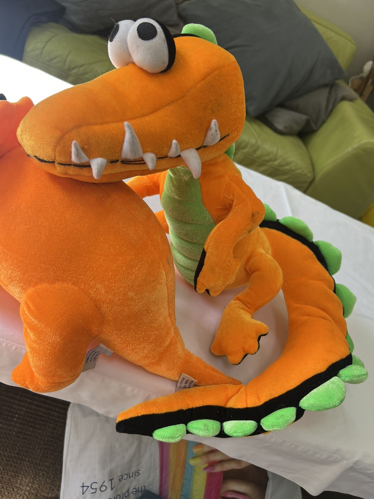 Pair of bright orange plush soft toy dinosaurs dino Trex & Triceratops ...