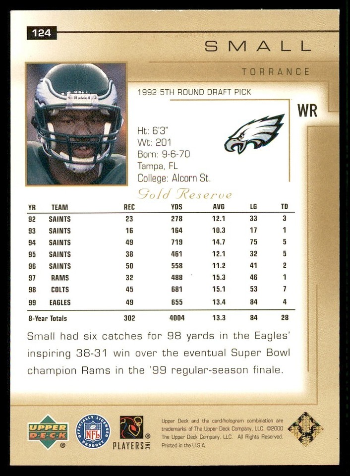 2000 Upper Deck Gold Reserve Torrance Small #124 Philadelphia Eagles | eBay