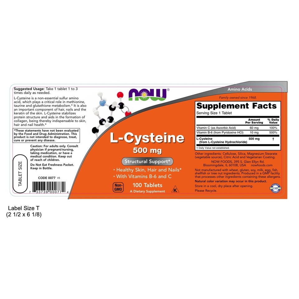 L-Cysteine Formula With Vitamin B-6 & C 500mg 100 Tablets Collagen ...