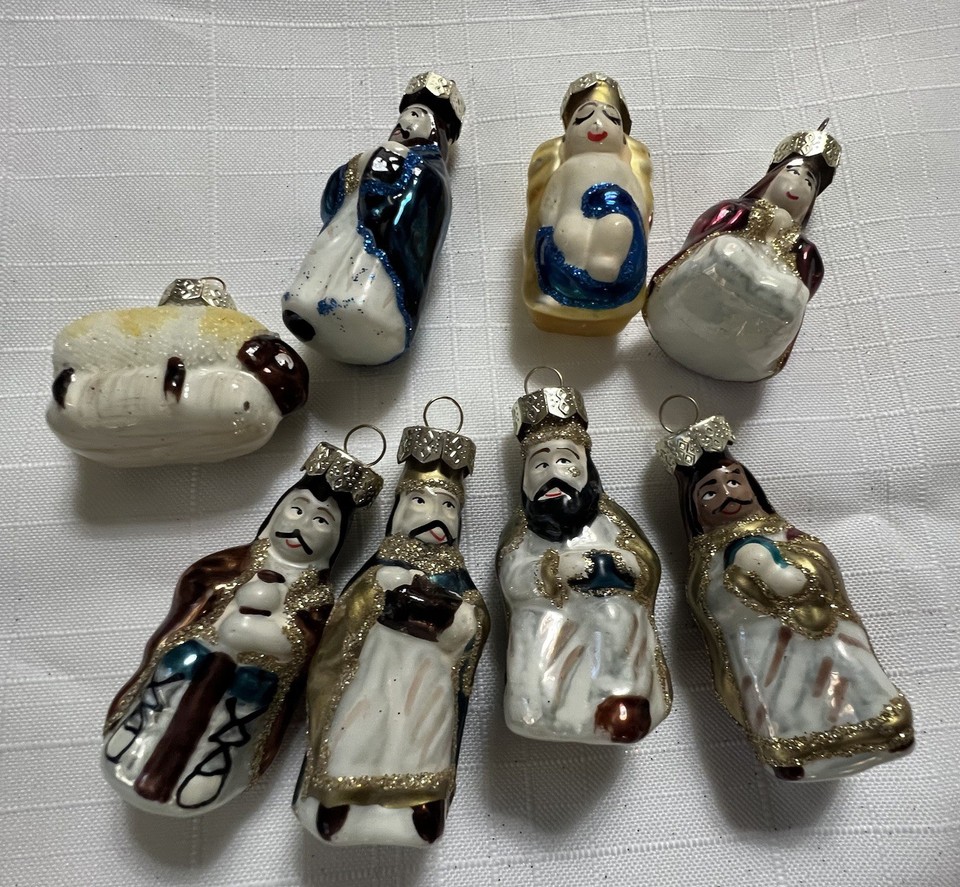 Pottery Barn Mercury Nativity Christmas Mini Glass Ornament Set 8 Hand ...