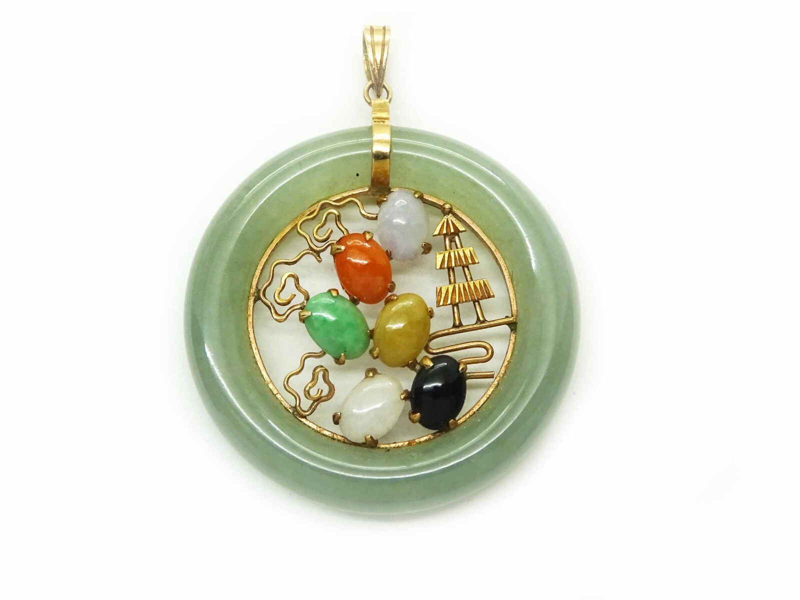 Multicolor Jade Round Filigree Bezel Pendant 14k Gold - Gem