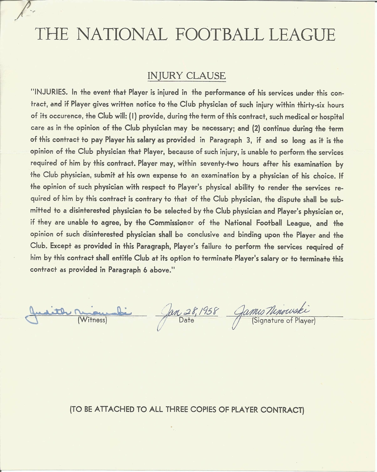 Jim Ninowski Cleveland Browns Signed/Autographed 1958 NFL Injury Clause ...