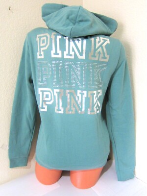 BLING Victoria Secret Pink SILVER RHINESTON OIL BLUE LOGO HOODIE SWEAT ...