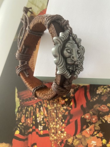 Brown PU Leather Weave Woven Braided Lion Head Men Women's Bracelet Au ...