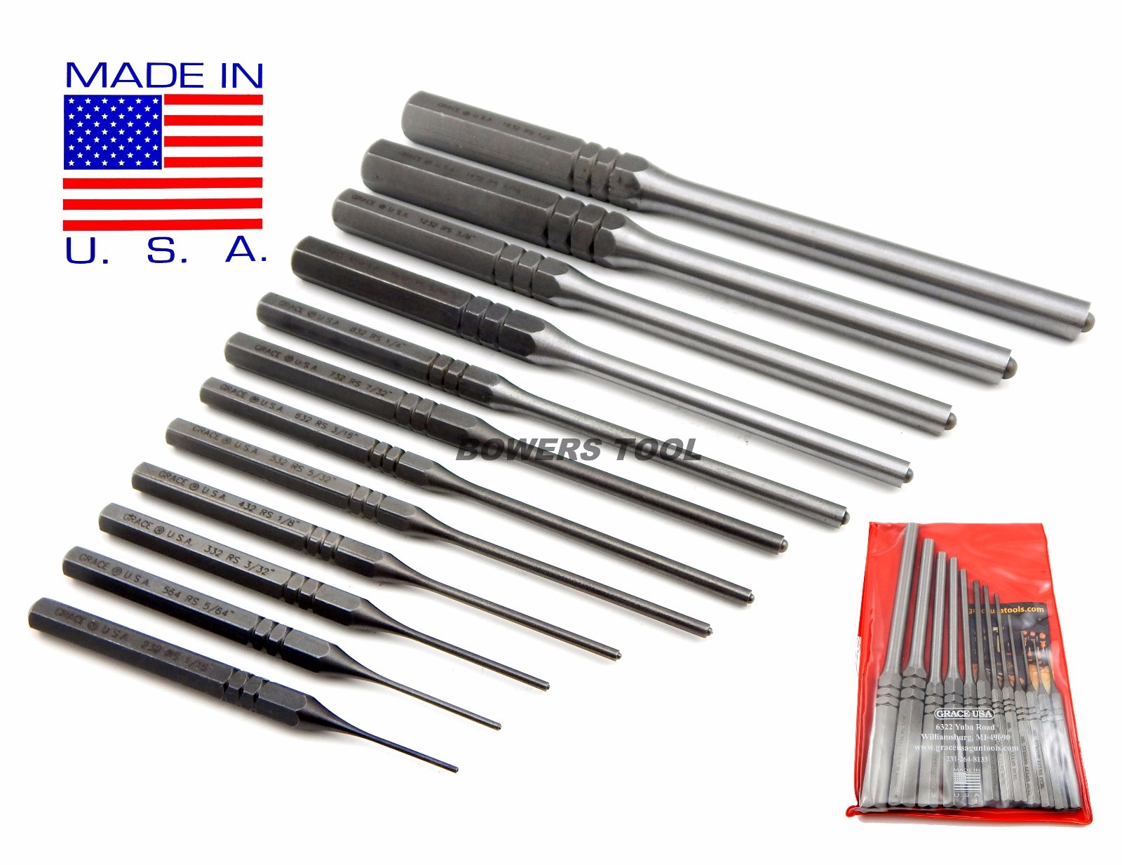 Grace 12pc Roll Pin Spring Punch Set 1/16-1/2" Gunsmith Machinist w ...
