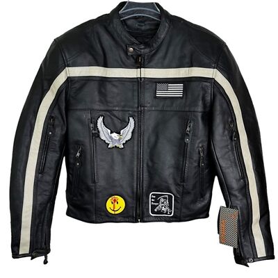 NWT Xelement Leather Padded Motorcycle Biker Jacket Patches Black Zips ...