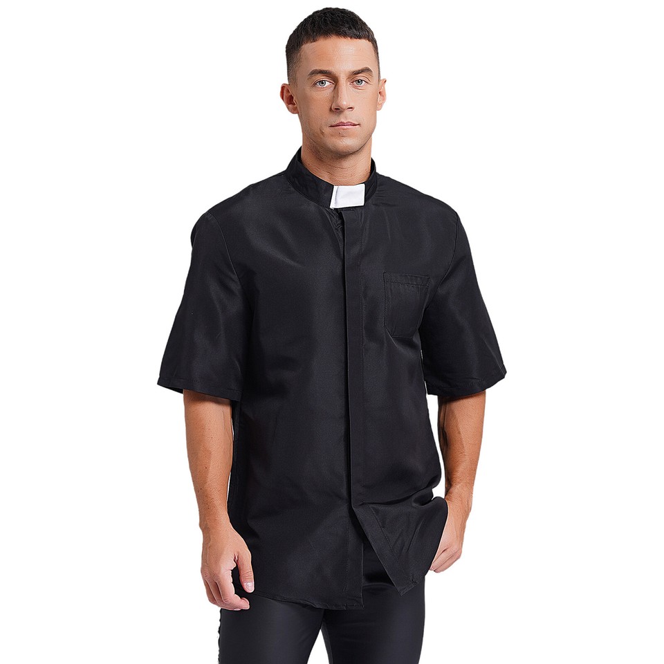 Men Priest Clergy Shirt Short Sleeves Stand Collar Worship Top ...