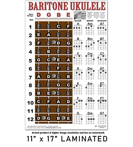 Laminated Baritone Ukulele Fretboard Notes & Easy Beginner Chord 11 x ...