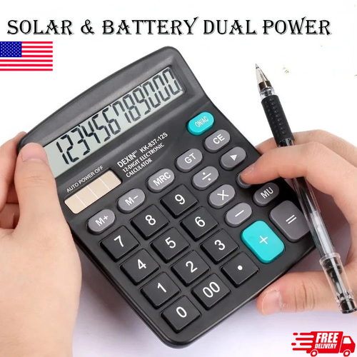 12-Digit Desk Calculator - Solar & Battery Powered Office Calculator ...