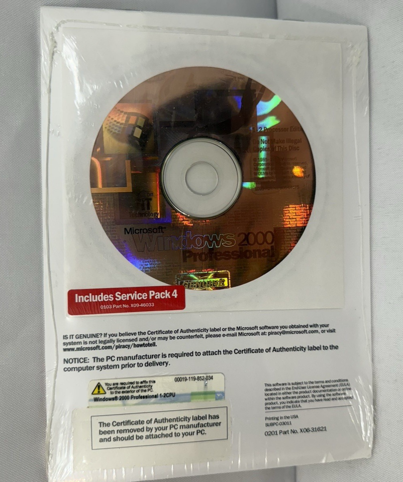 Microsoft Windows 2000 Professional 1-2CPU OEM Software with SP 4 ...
