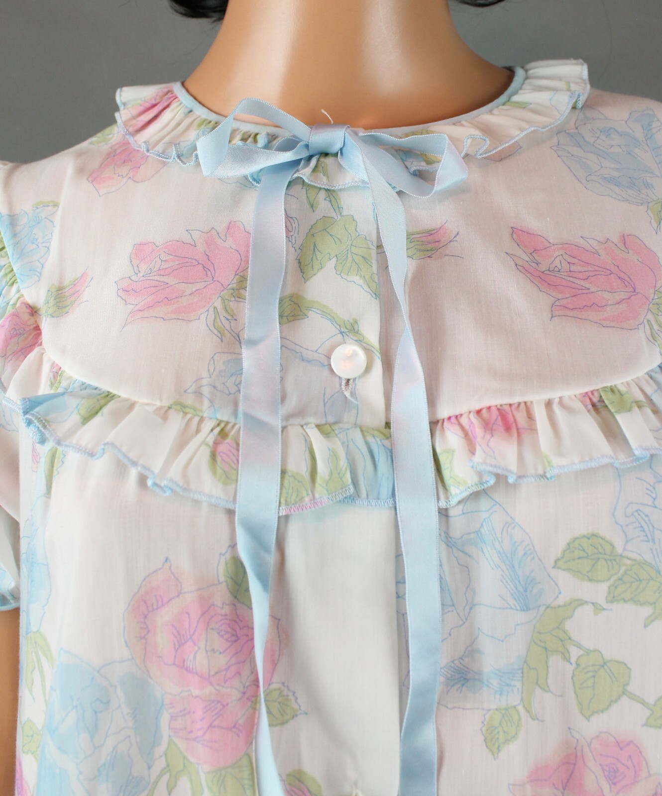 Vintage 60s Robe M Long Semi Sheer Gauzy White Pink B… - Gem