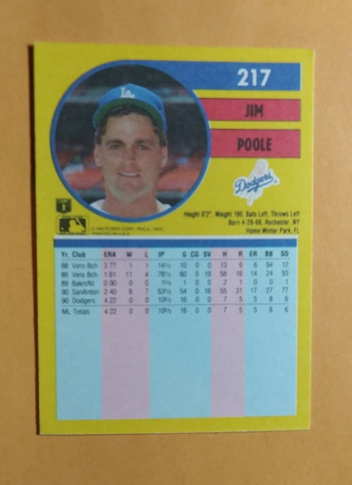 1991 Fleer Baseball Card Jim Poole Los Angeles Dodgers #217 | eBay