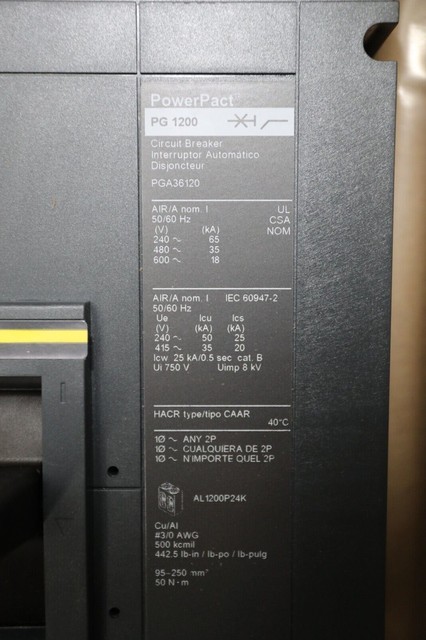 Square D PG 3 Pole 1200 Amp PGA36120 Instantanious Circuit Breaker PGA ...