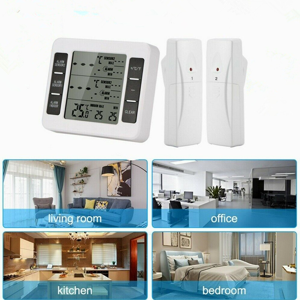 Wireless Fridge Thermometer Digital Freezer Alarm Gauge Home Monitor 2 ...