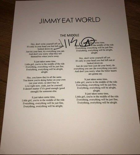 Jim Adkins Jimmy Eat World The Middle Signed Autographed Lyric Sheet ...
