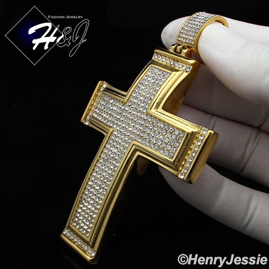 36"MEN Stainless Steel 9mm Gold Plated Cuban Curb Chain BIG CZ Cross ...