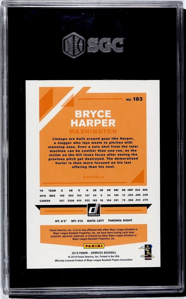 2019 Donruss #183 Bryce Harper SGC 10 GOLD LABEL PRISTINE | eBay