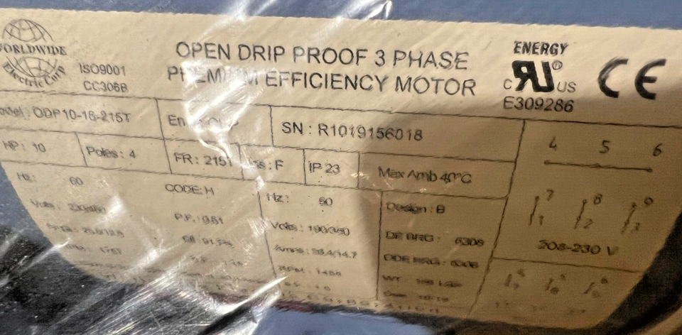 WORLDWIDE ELECTRIC ODP10-18-215T 10 HP 1800 RPM 208-230/460V ODP ...