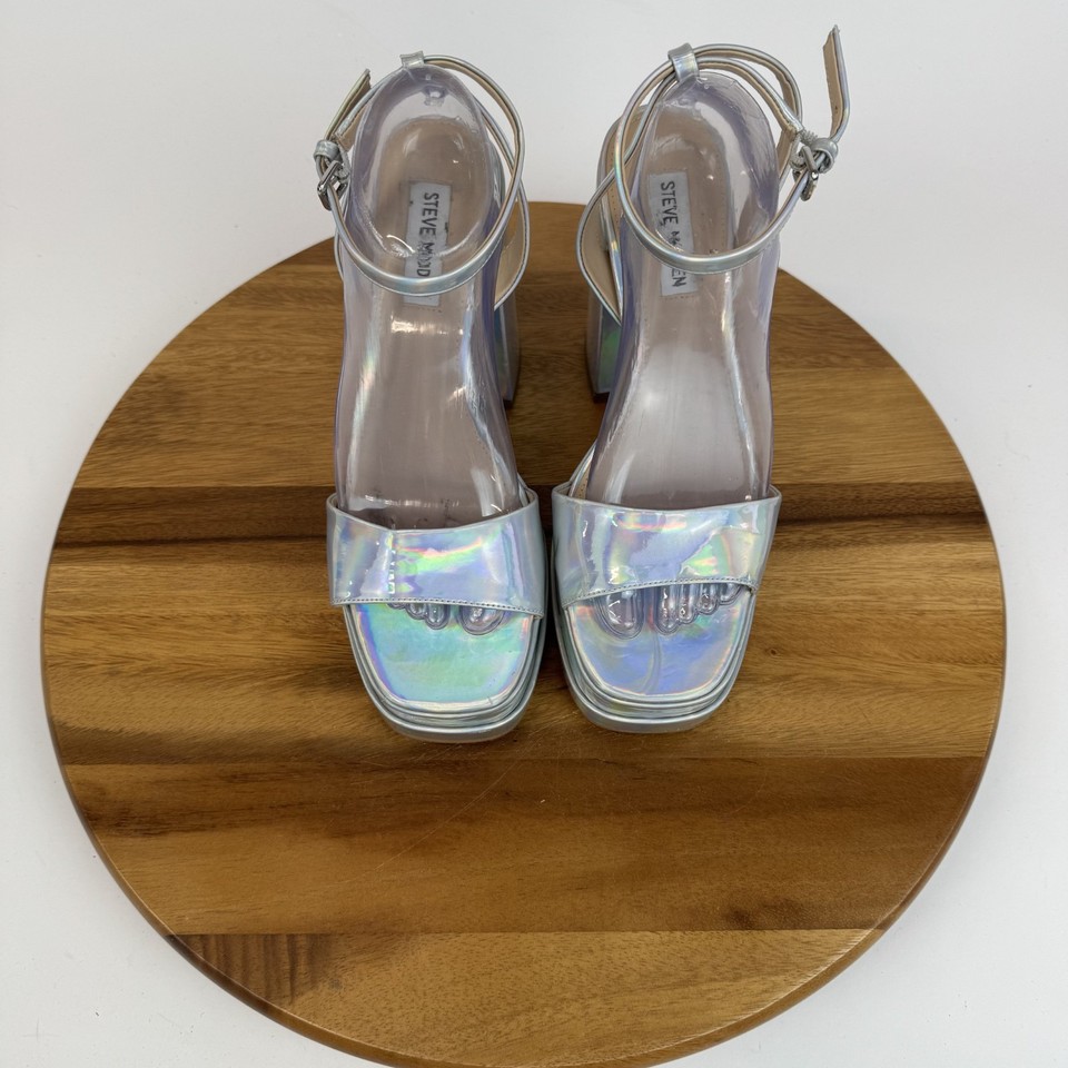 Womens Steve Madden Warped Silver Ankle Strap Platform Heeled Sandals ...