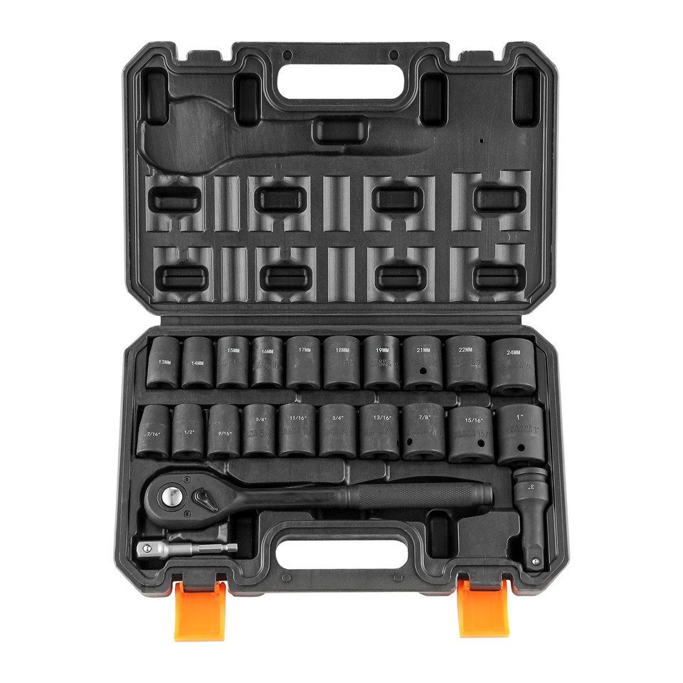Impact Sockets Set 23pcs 6-Point 1/2in Drive Bit Ratchet Tool Kit Case ...
