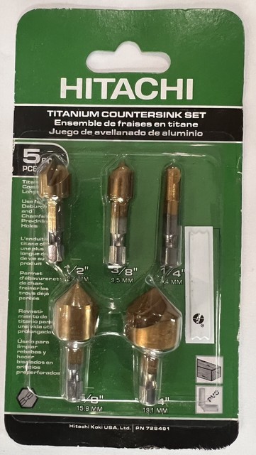 HITACHI 5pc TITANIUM COUNTERSINK SET 1/4 3/8 1/2 3/4 5/8" HEX SHANK ...