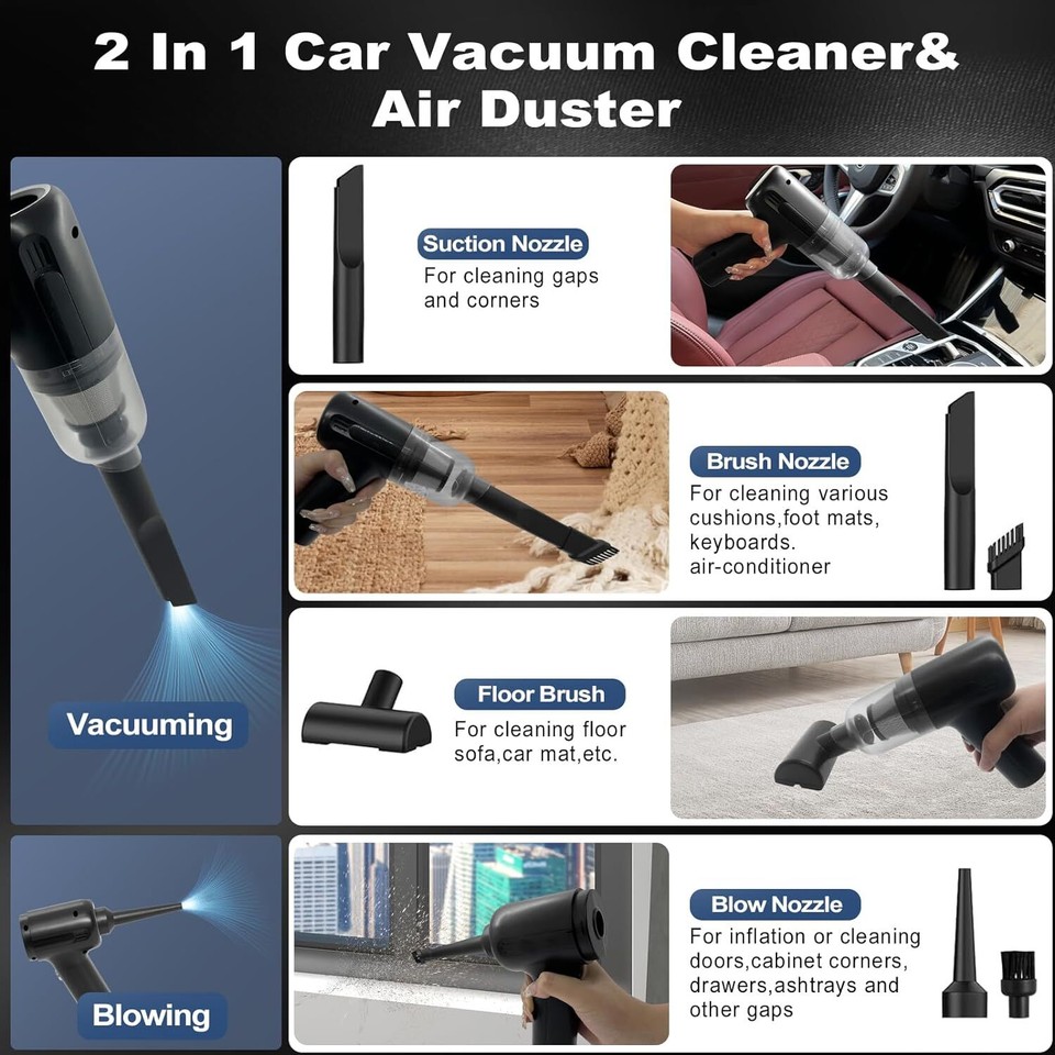 Mini Car Vacuum Cleaner, Handheld Vacuum Cordless, 2 in 1 Rechargeable ...