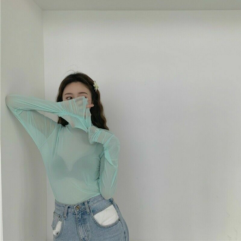 Hot Lady Mesh Blouse See Through Sheer Tops Turtle Neck Sexy Casual ...