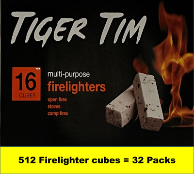 Tiger Tim 512 Firelighters Cubes Box Long Burning High Fuel Hotspots 32 ...