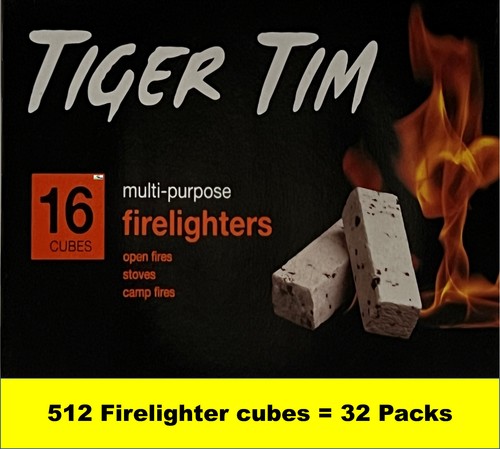 Tiger Tim 512 Firelighters Cubes Box Long Burning High Fuel Hotspots 32 ...