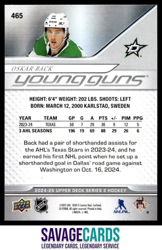 2024-25 Upper Deck Young Guns Oskar Back RC #465 Dallas Stars | eBay