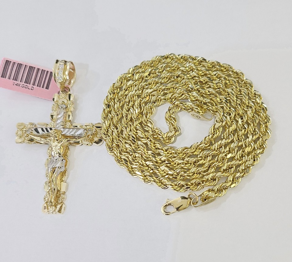 14k Yellow Gold Rope Chain & Jesus Nugget Cross Charm SET 4mm 22 Inches ...