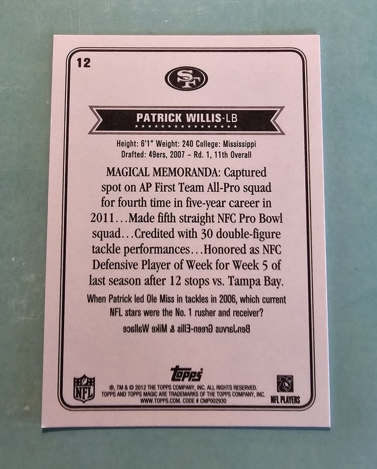 2012 Topps Magic PATRICK WILLIS #12 San Francisco 49ers | eBay