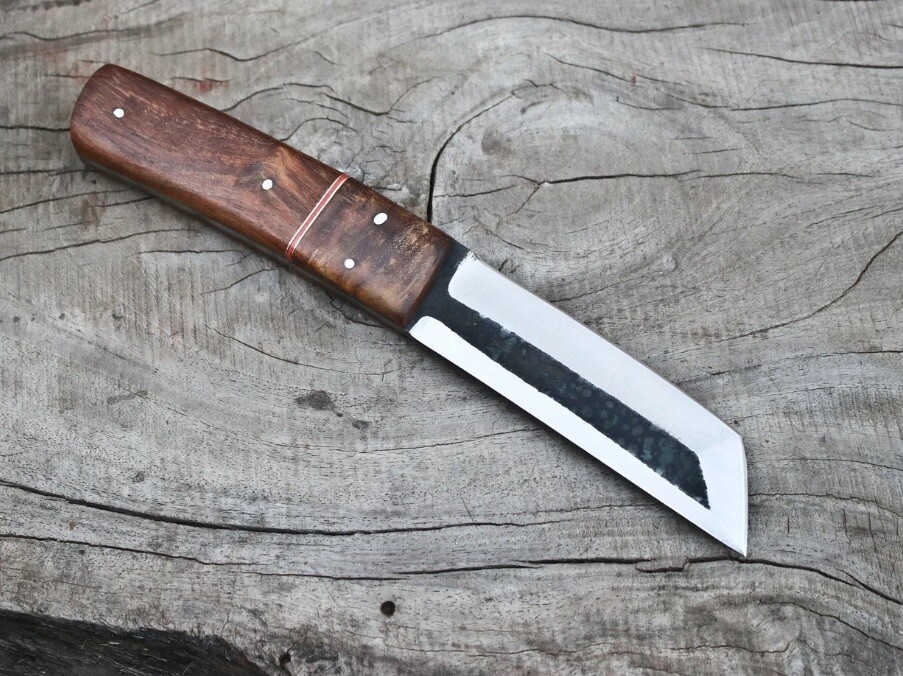 Handmade Carbon Steel Fixed Tanto Blade Knife Wood Handle With Leather ...