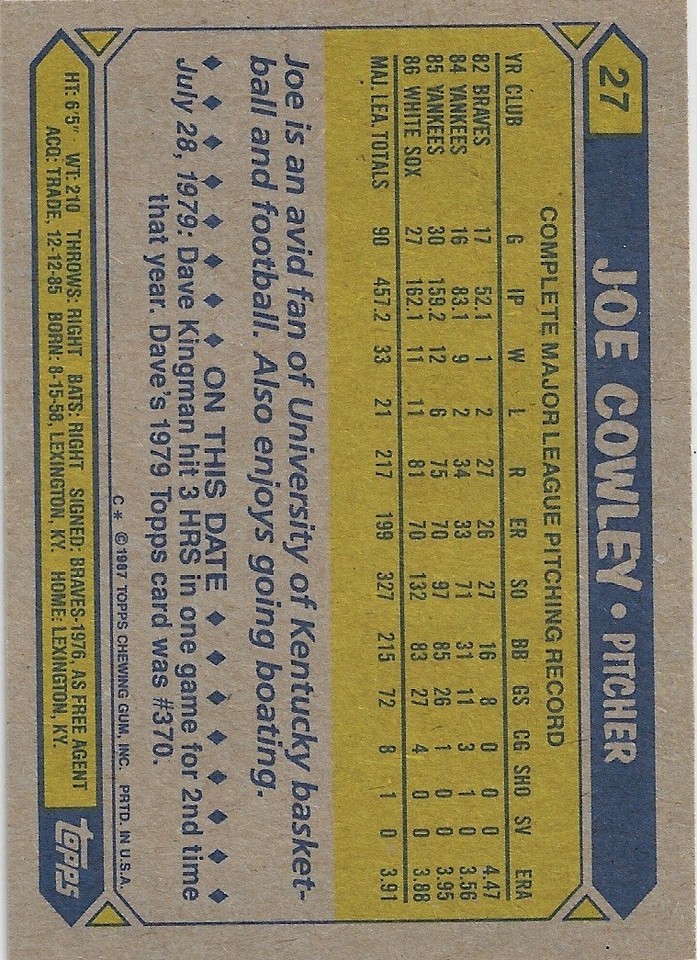 1987 Topps #27 Joe Cowley Chicago White Sox NM | eBay