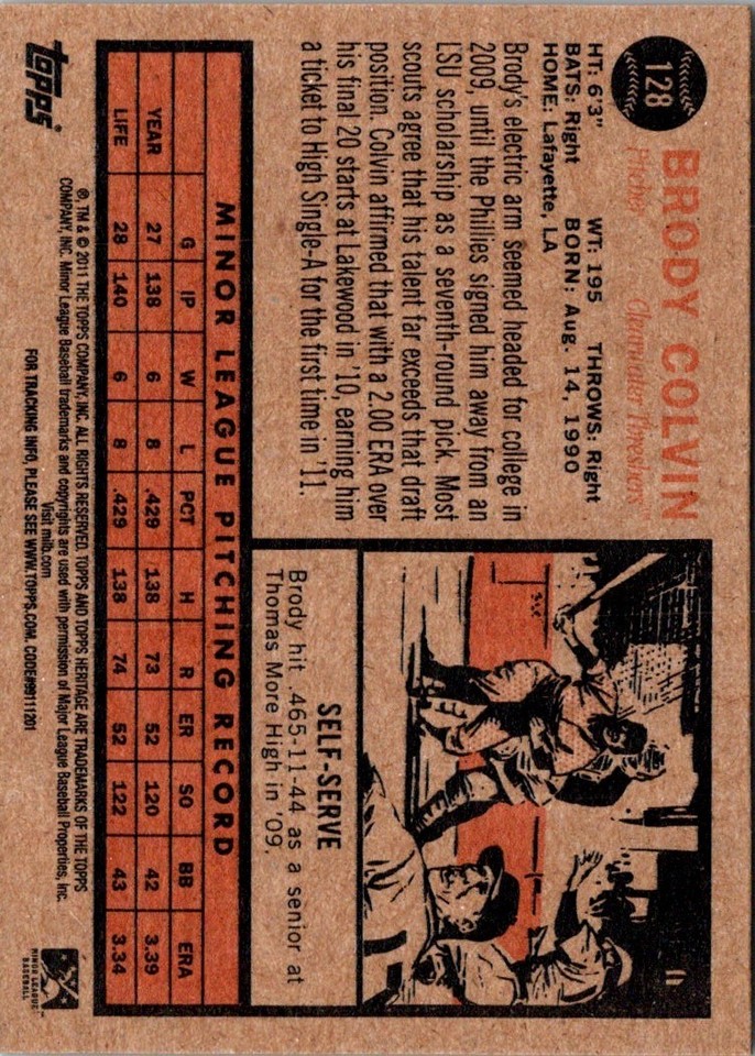 2011 Topps Heritage Minor League Brody Colvin #128 Clearwater Threshers ...